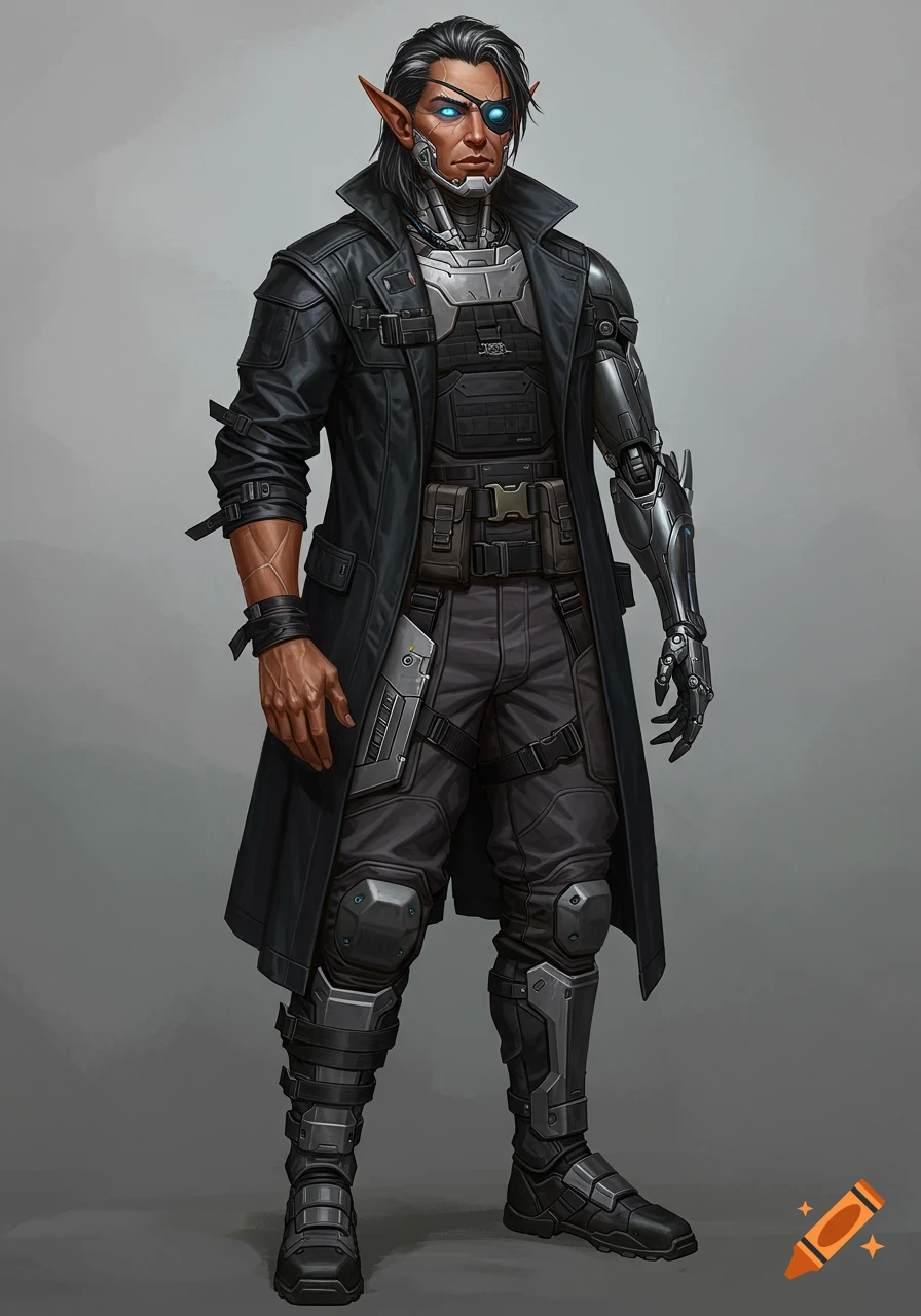 Full-body portrait of a cybernetic half-elf soldier in a black trench ...