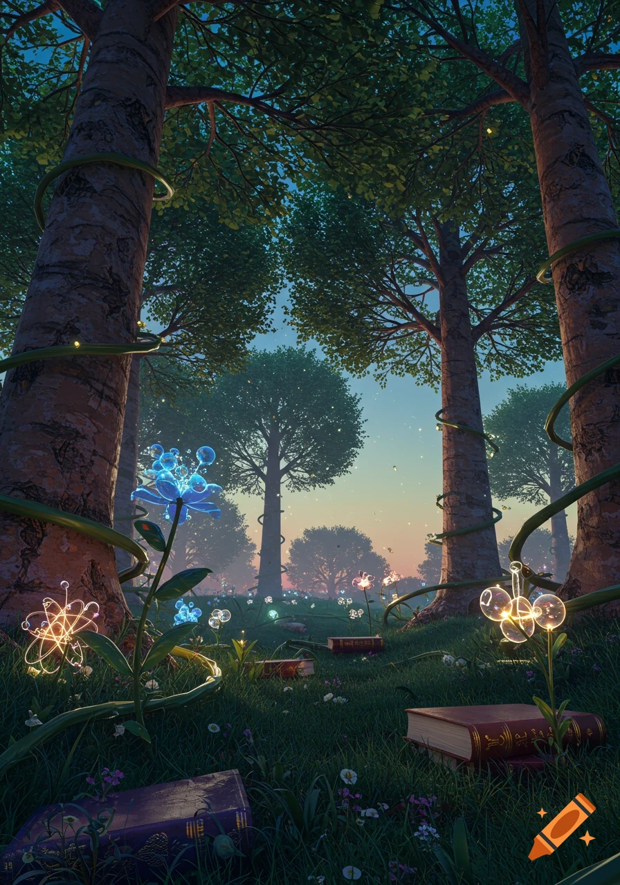 A magical forest at dusk with tall trees, glowing blue and yellow ...