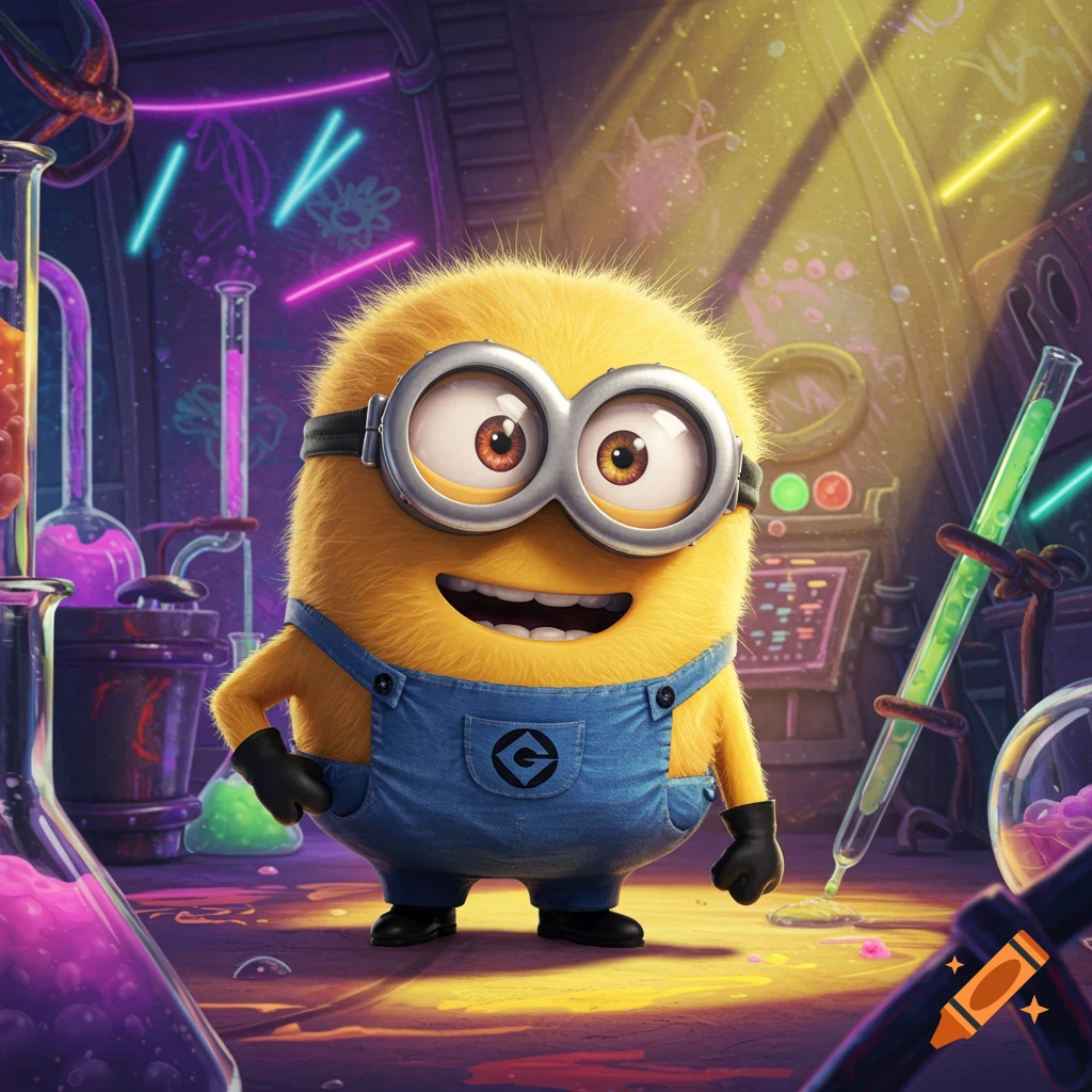 A fluffy Minion in overalls smiles in a neon-lit, chemical-filled ...