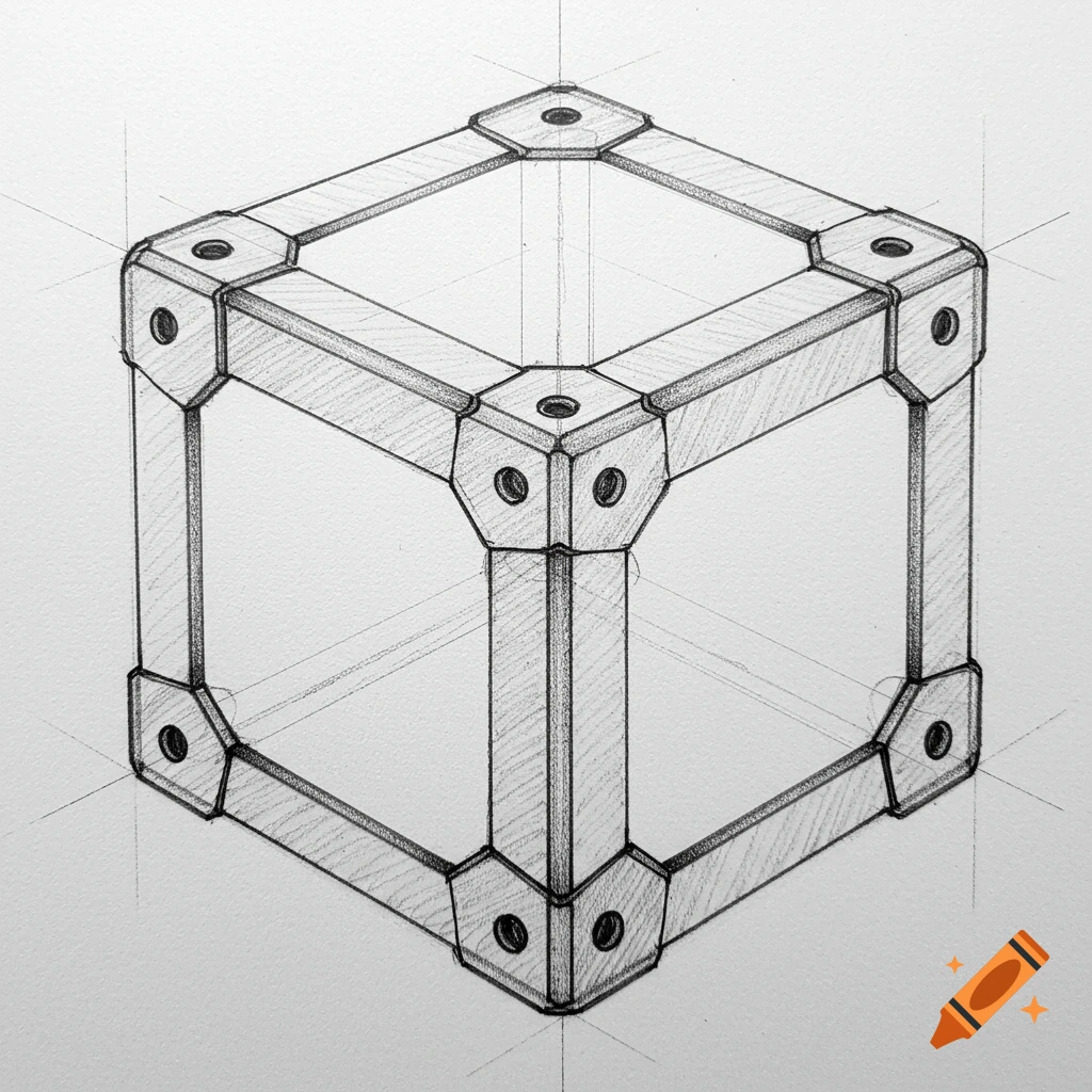 Pencil sketch of an isometric cube frame with bolted corner joints on a ...