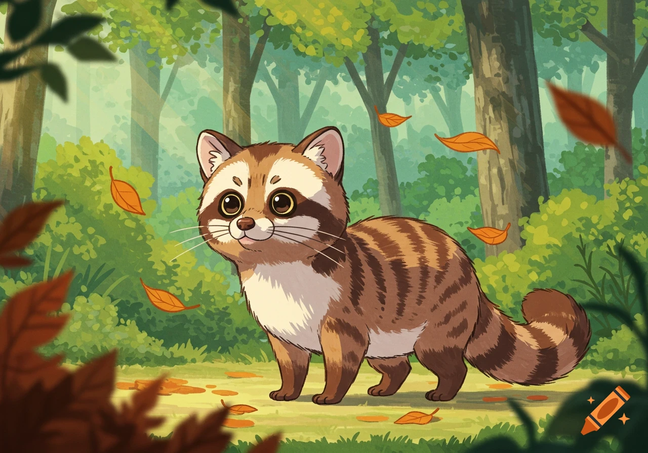 A cute, cartoon-style brown and white raccoon-like civet cat stands in ...
