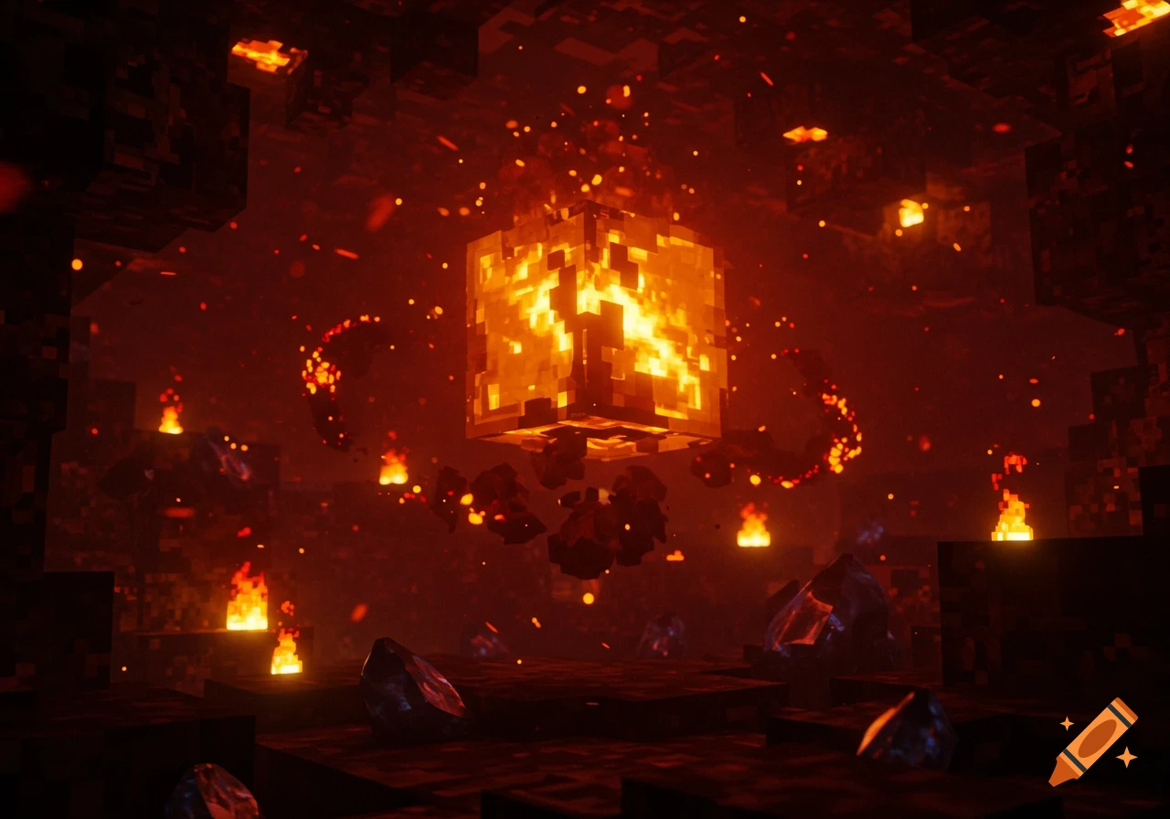 A realistic Minecraft blaze enemy, a glowing fiery cube, floats in a dark, blocky, fire-filled ...