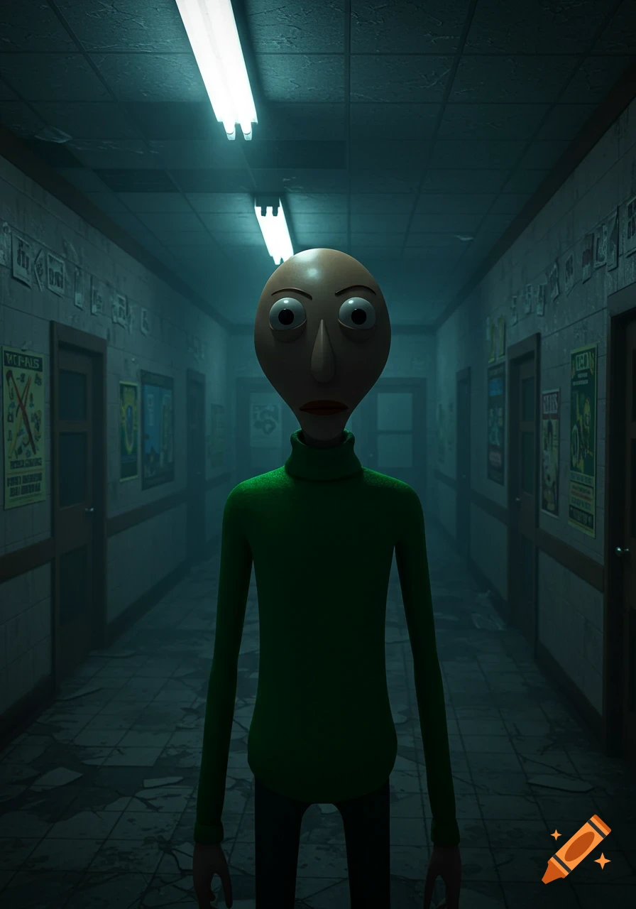 A 3D cartoon character, Baldi, stands in a school hallway holding a ...