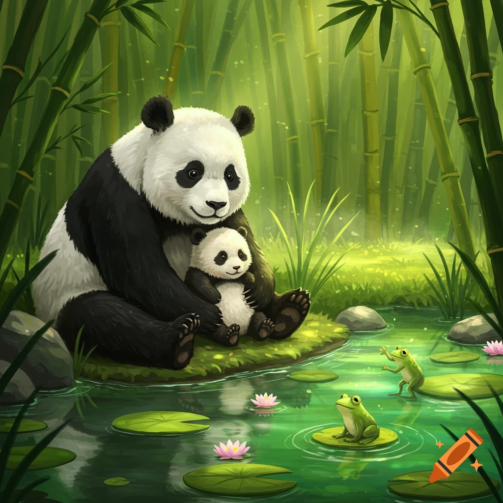 An illustration of a mother panda hugging her baby in a bamboo forest ...