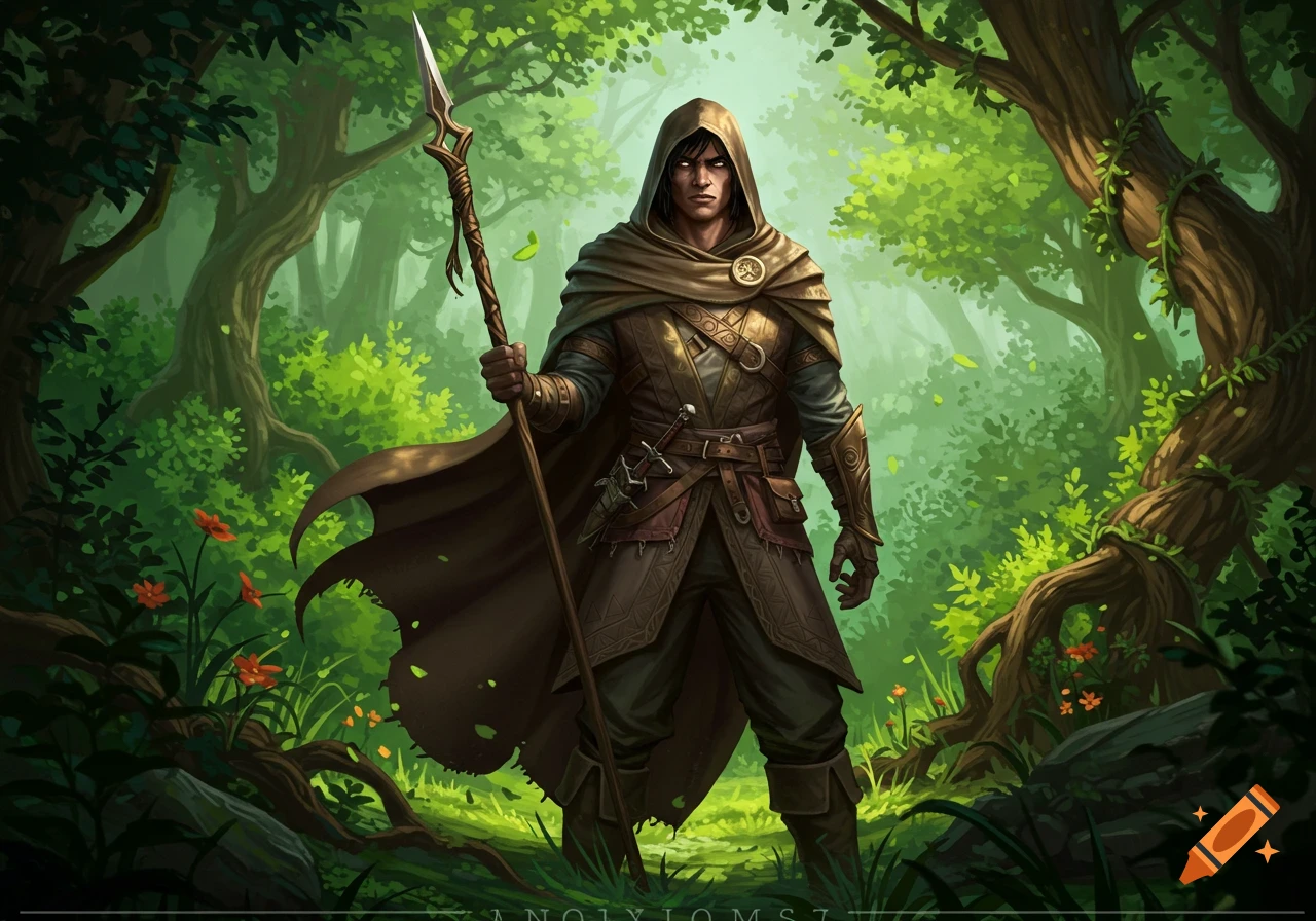 A male human in a hooded cloak holding a spear stands in a lush green ...
