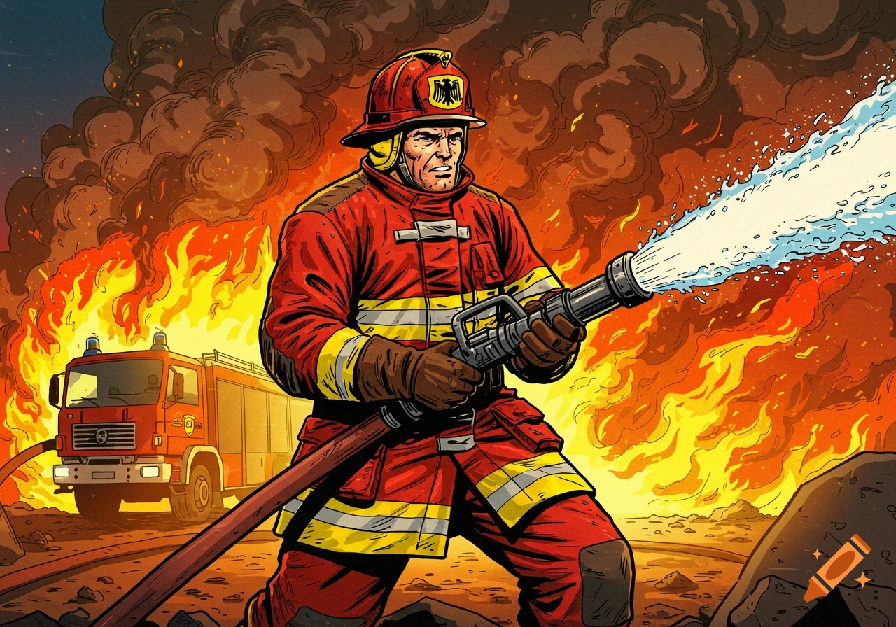 Comic illustration of a firefighter in a red uniform spraying water ...