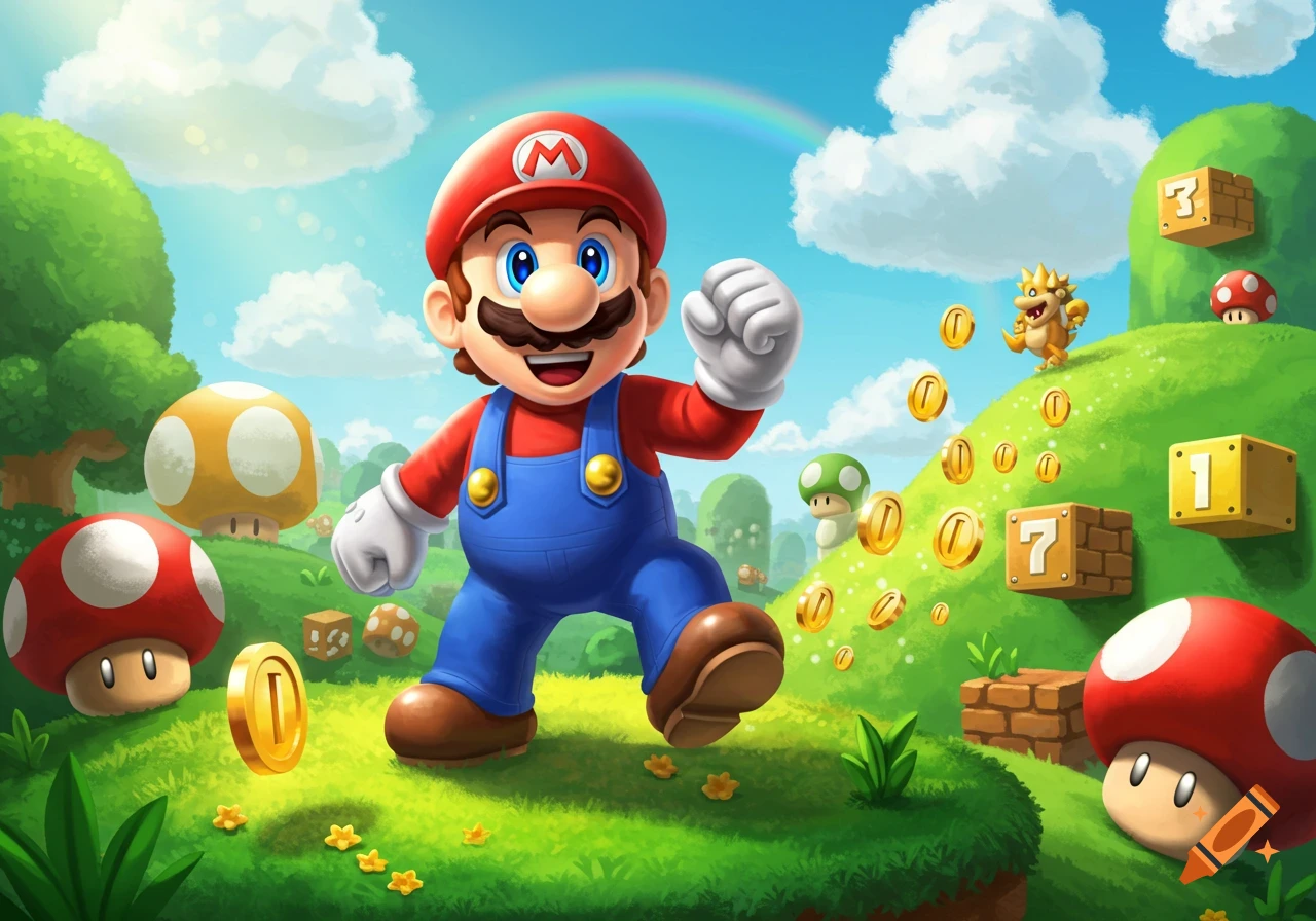 A cute, cartoonish child character wearing a red Mario hat and pink ...