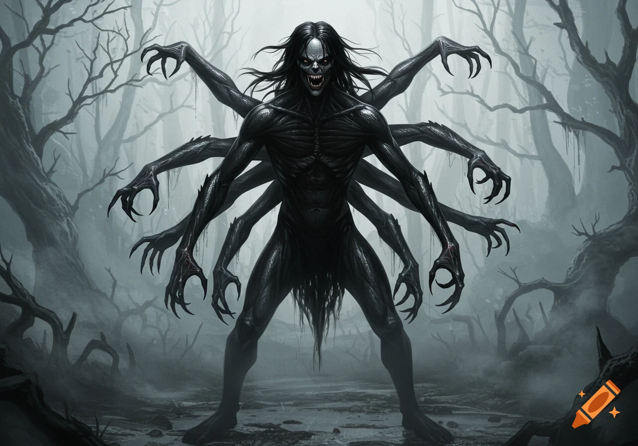 A hyperrealistic eight-armed gaunt creature with sharp claws, fangs ...