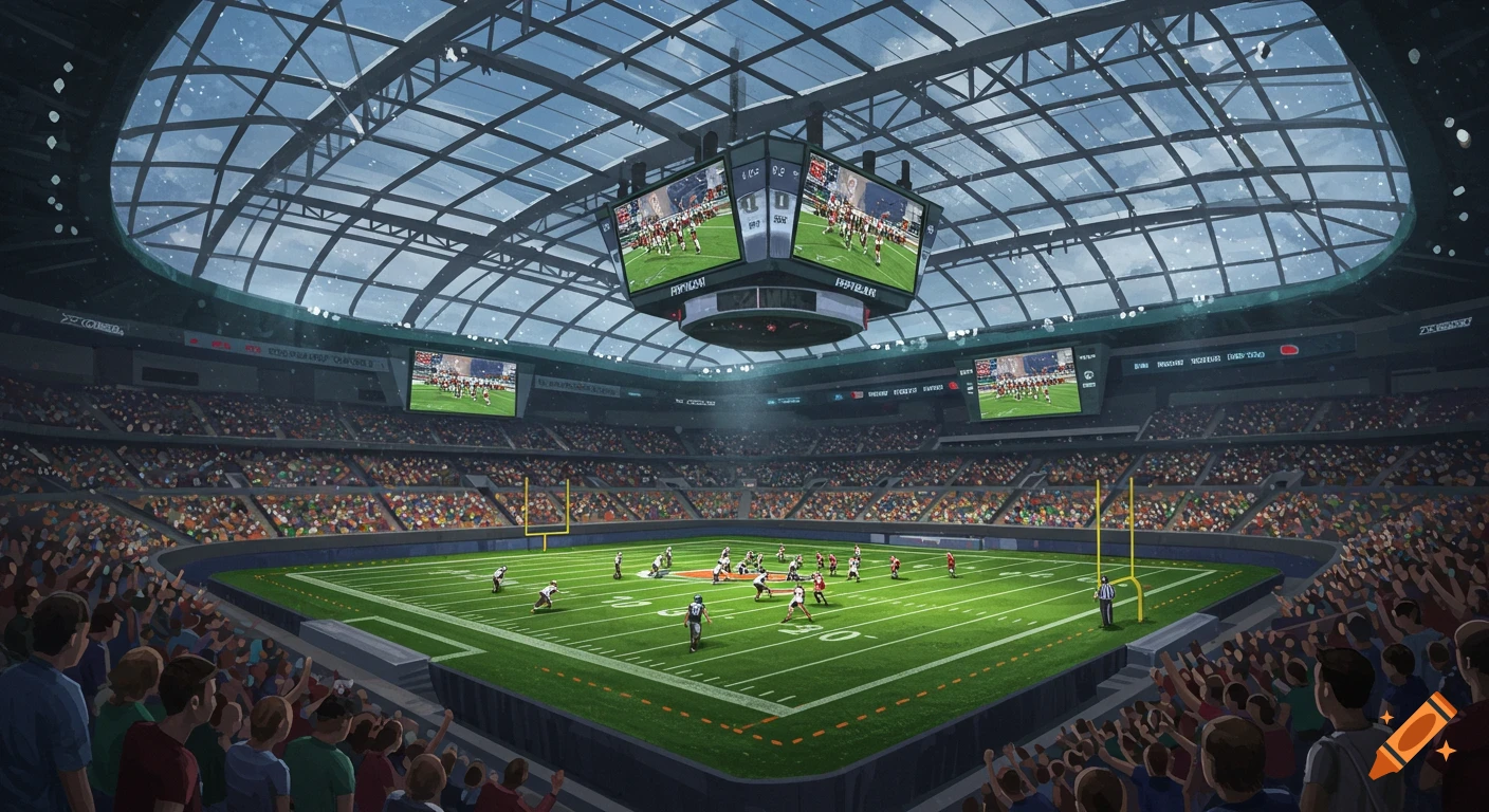 An overhead view of an indoor American football stadium during a game ...