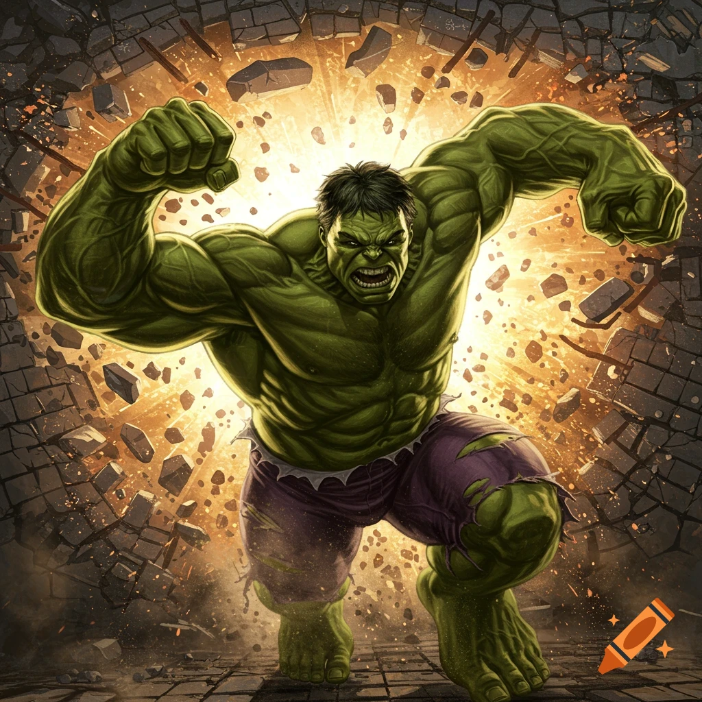 A green muscular Hulk dunks a basketball over a roaring brown bear on ...