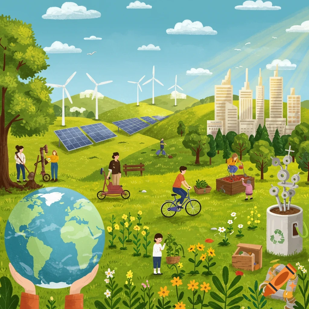 Colorful illustration of people engaging in eco-friendly activities in ...