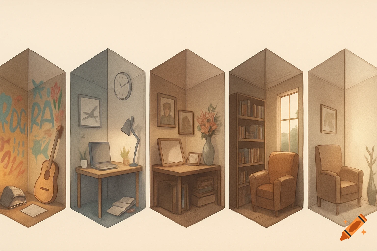 A stylized architectural building features geometric blocks in various ...