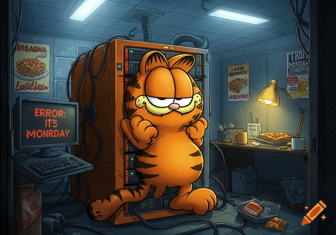 Cartoon of Garfield relaxing on a brown armchair, his feet up, with a ...