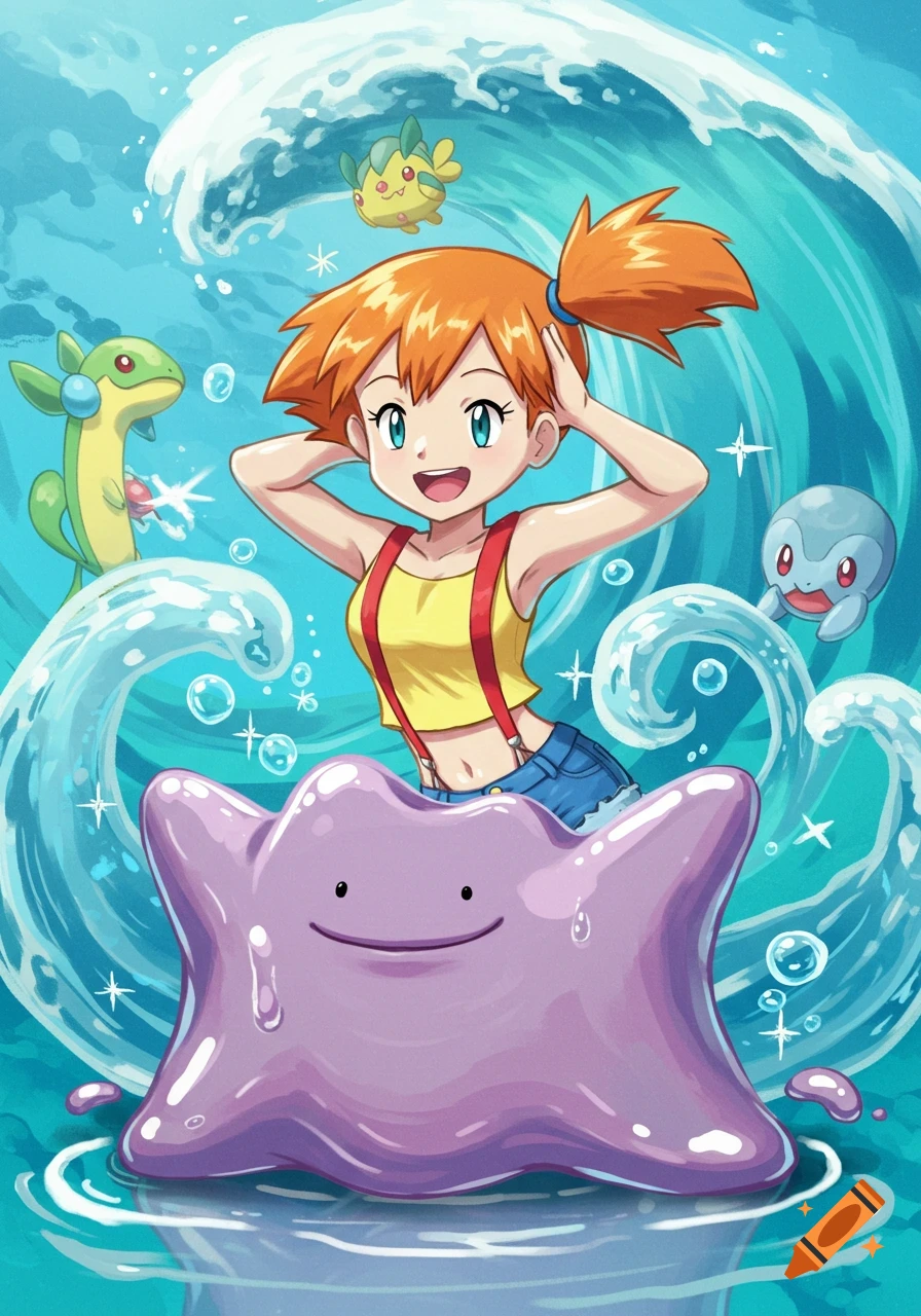 Anime illustration of Cynthia in a green bikini underwater with ...