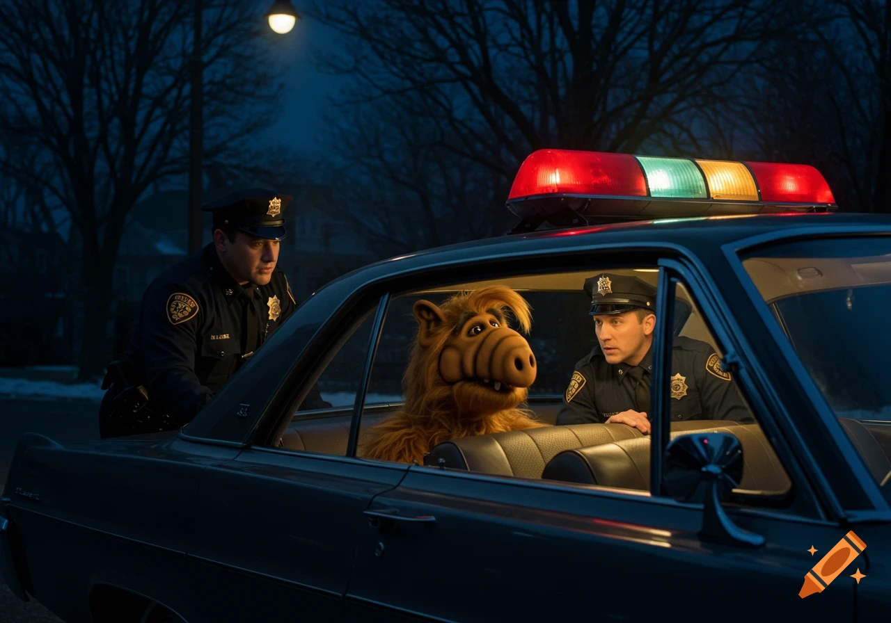 Alf the puppet alien sits in the passenger seat of a police car at ...