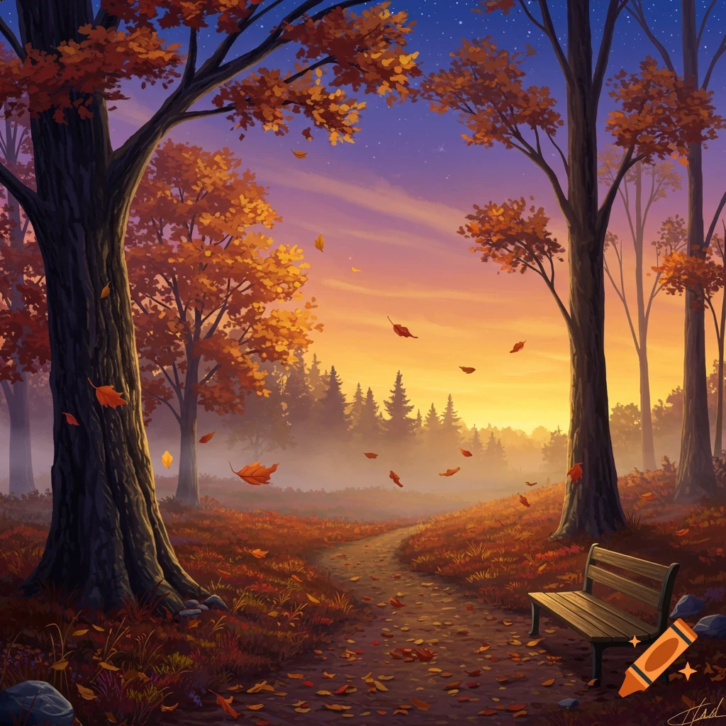 Vibrant illustration of an autumn forest path at sunset, with colorful ...