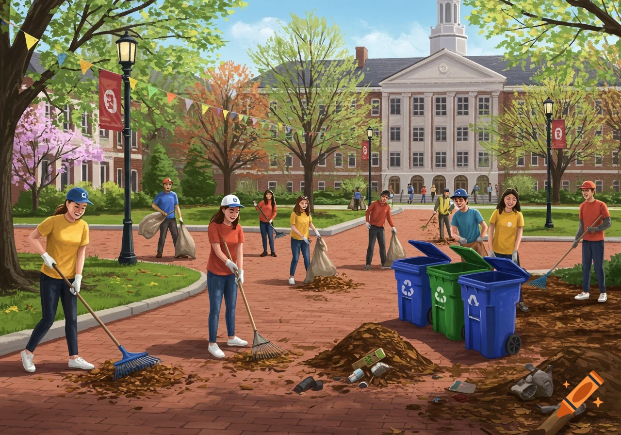 Illustration of students raking leaves and picking up trash on a ...