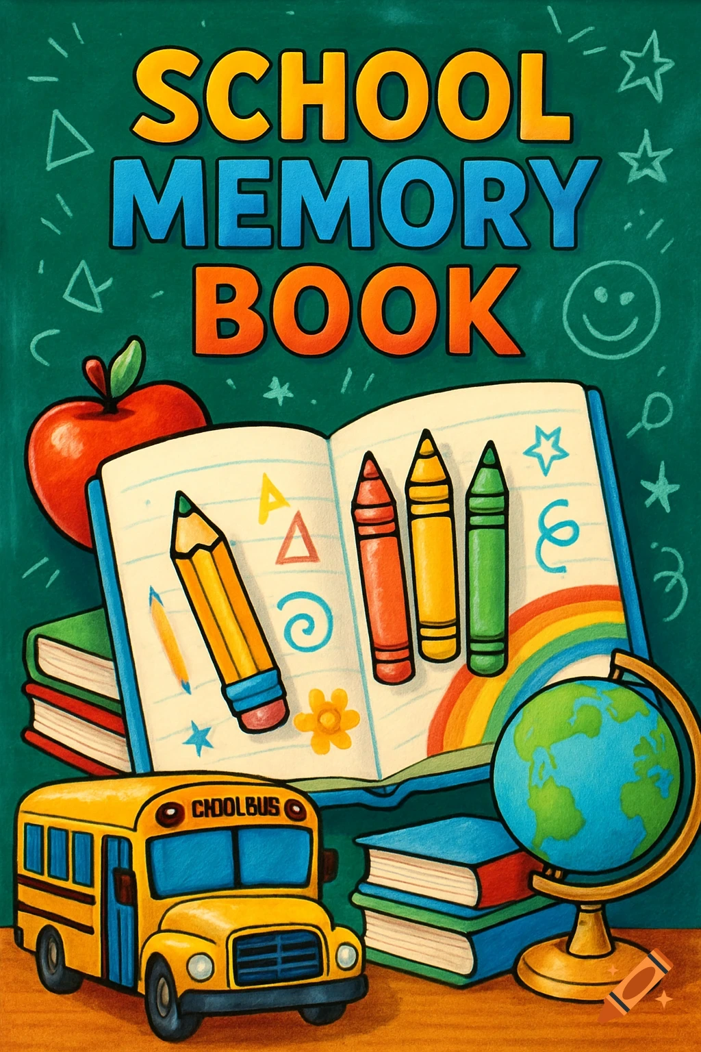 Colorful illustration of a "School Memory Book" cover with an open book ...