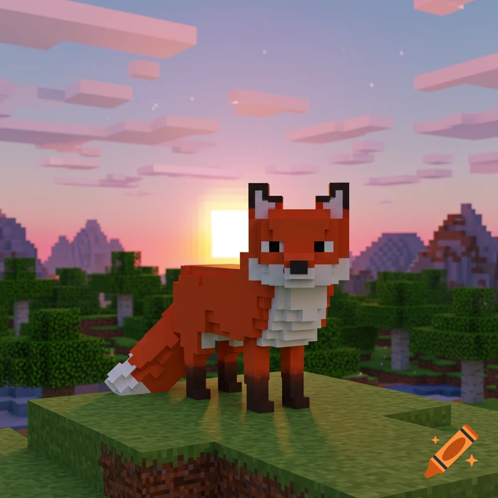 A pixelated fox stands on a grassy block in a Minecraft-style landscape ...