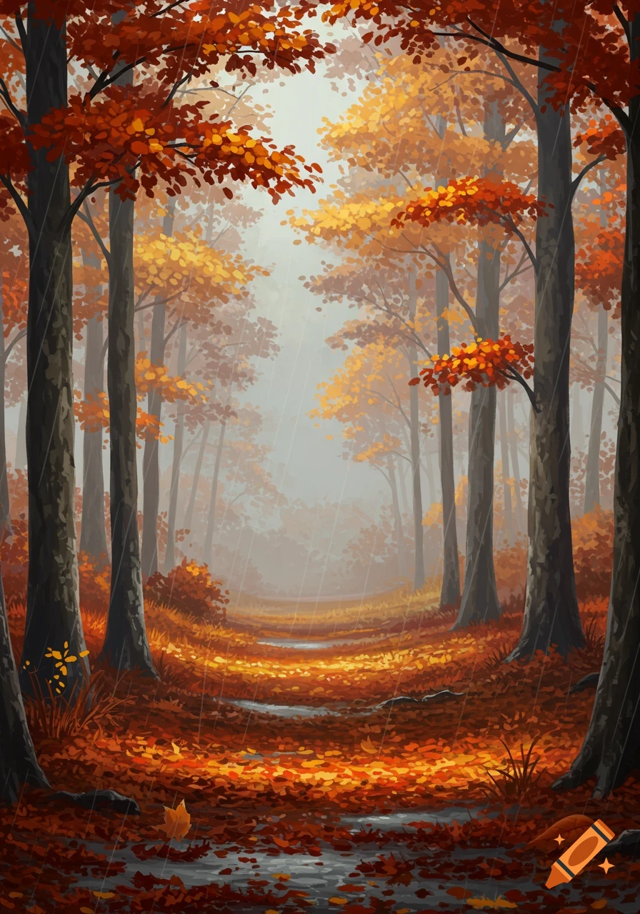 A vibrant autumn forest path under light rain, with orange and yellow ...