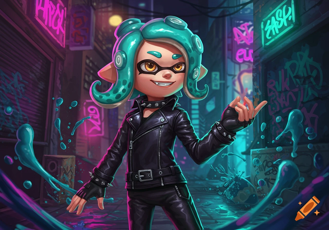A stylized Splatoon character with turquoise tentacles, wearing a black ...