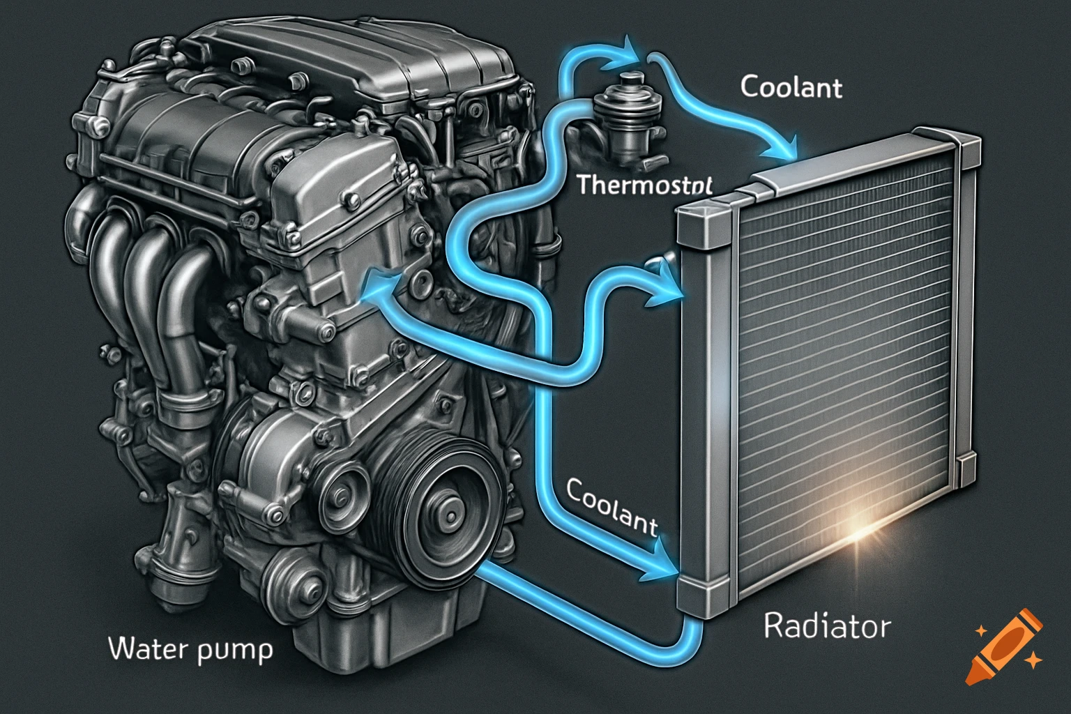 Detailed technical diagram illustrating a car engine's cooling system ...