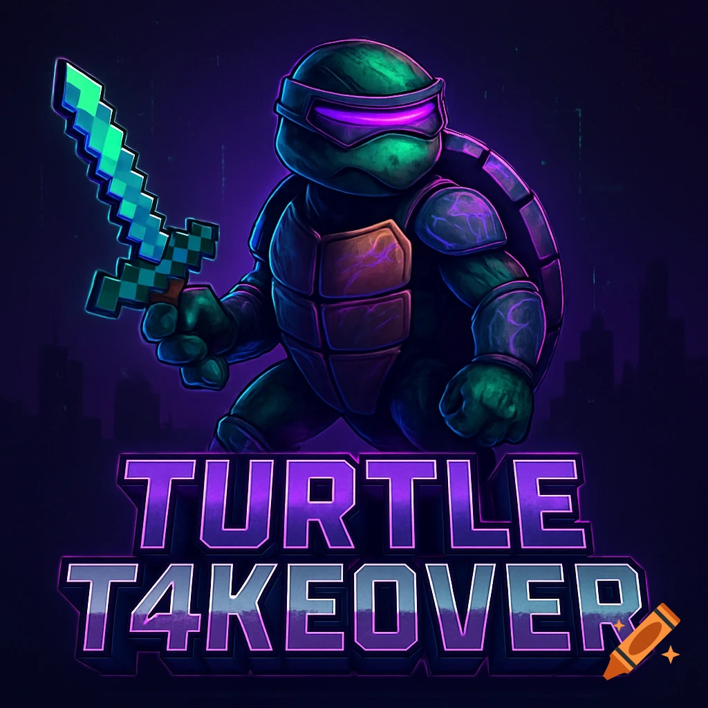 A cyberpunk turtle with glowing purple armor and visor holds a ...