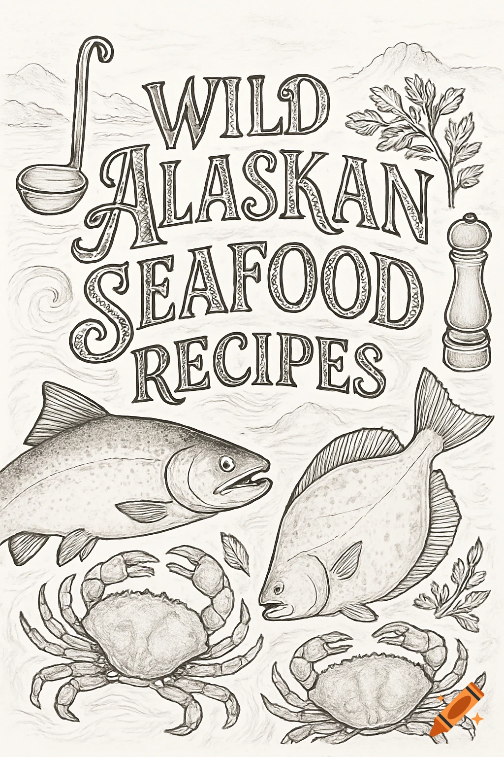 A black and white sketch of fish and crabs with kitchen utensils and ...