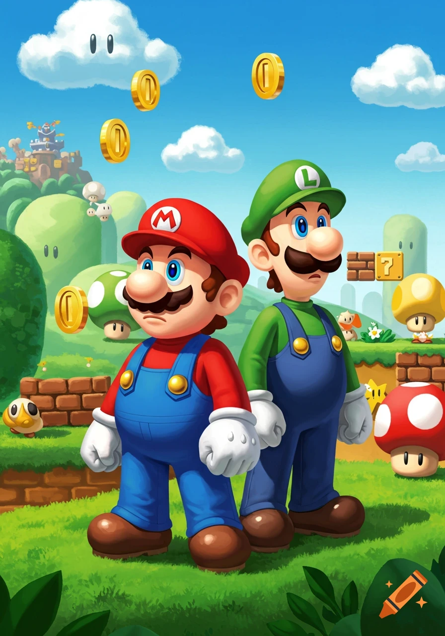 Mario and Luigi raise their fists in a vibrant Super Mario-themed ...