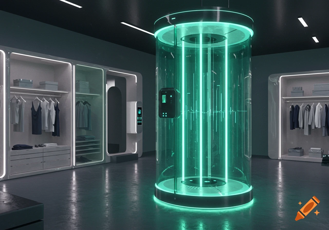 A futuristic dressing room with a glowing green cylindrical electronic ...