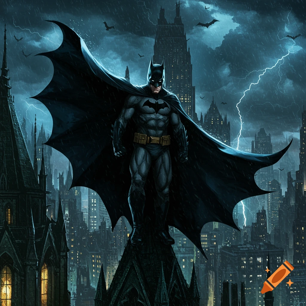 Batman stands on a gothic rooftop, overlooking a dark, rainy city with ...