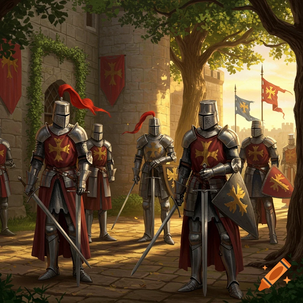 Armored knights stand in a sunlit castle courtyard, holding swords and ...