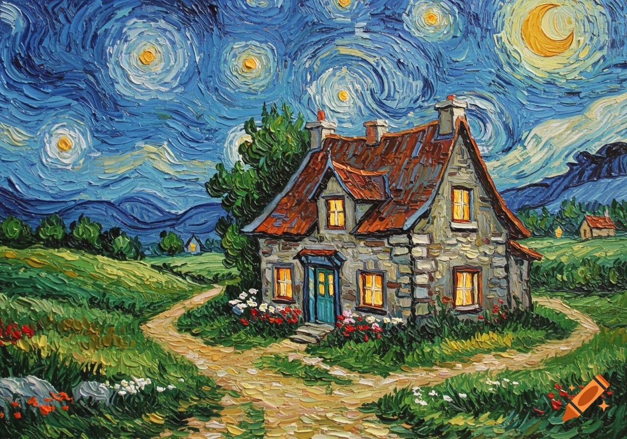 A painting of a stone cottage in a vibrant green landscape under a ...