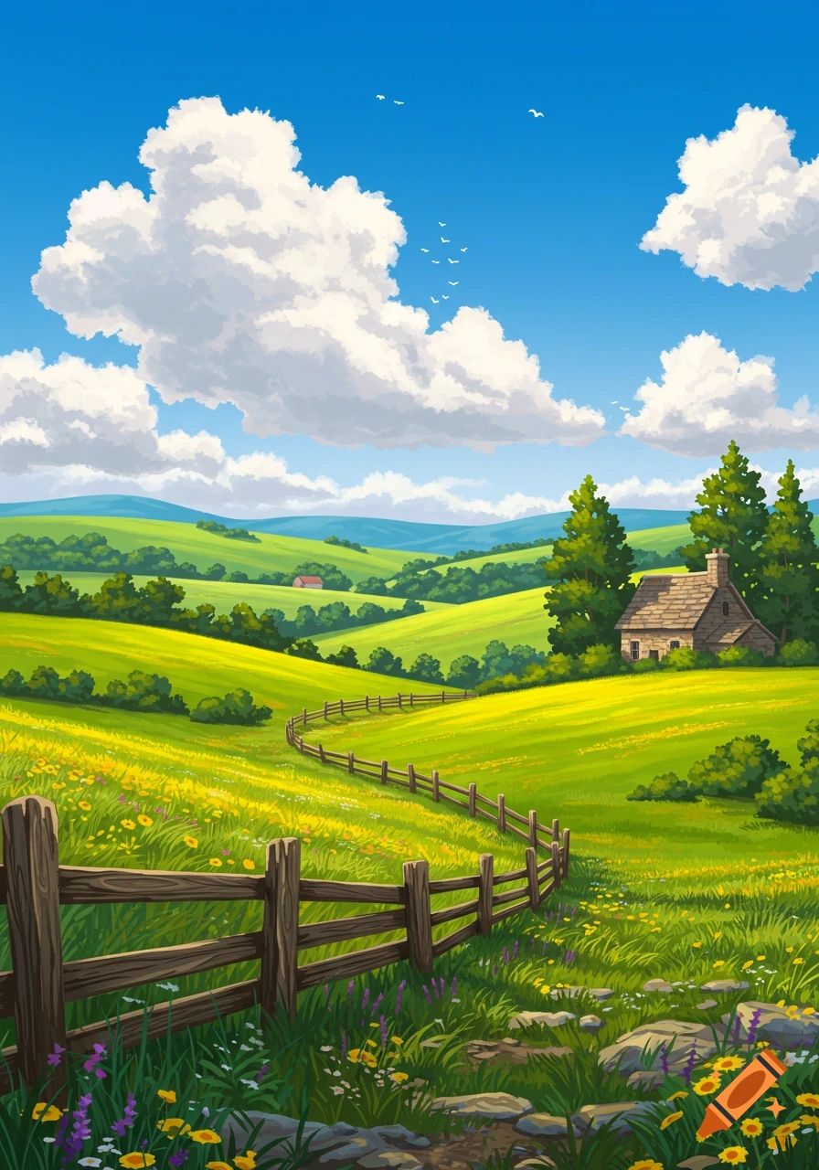 Cartoon farm landscape with hay bales, a pond, green rolling hills ...