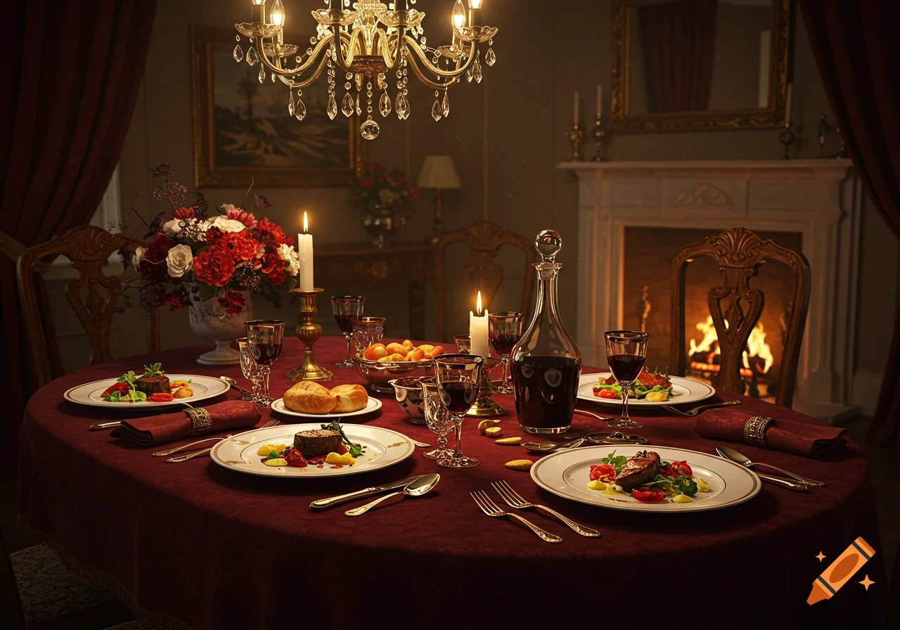 A formal dining table elegantly set with a floral centerpiece ...
