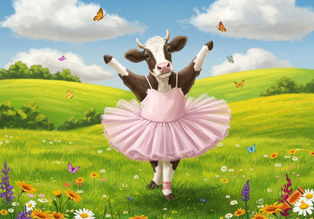A whimsical illustration of a cow in a pink ballet dress dancing in a ...