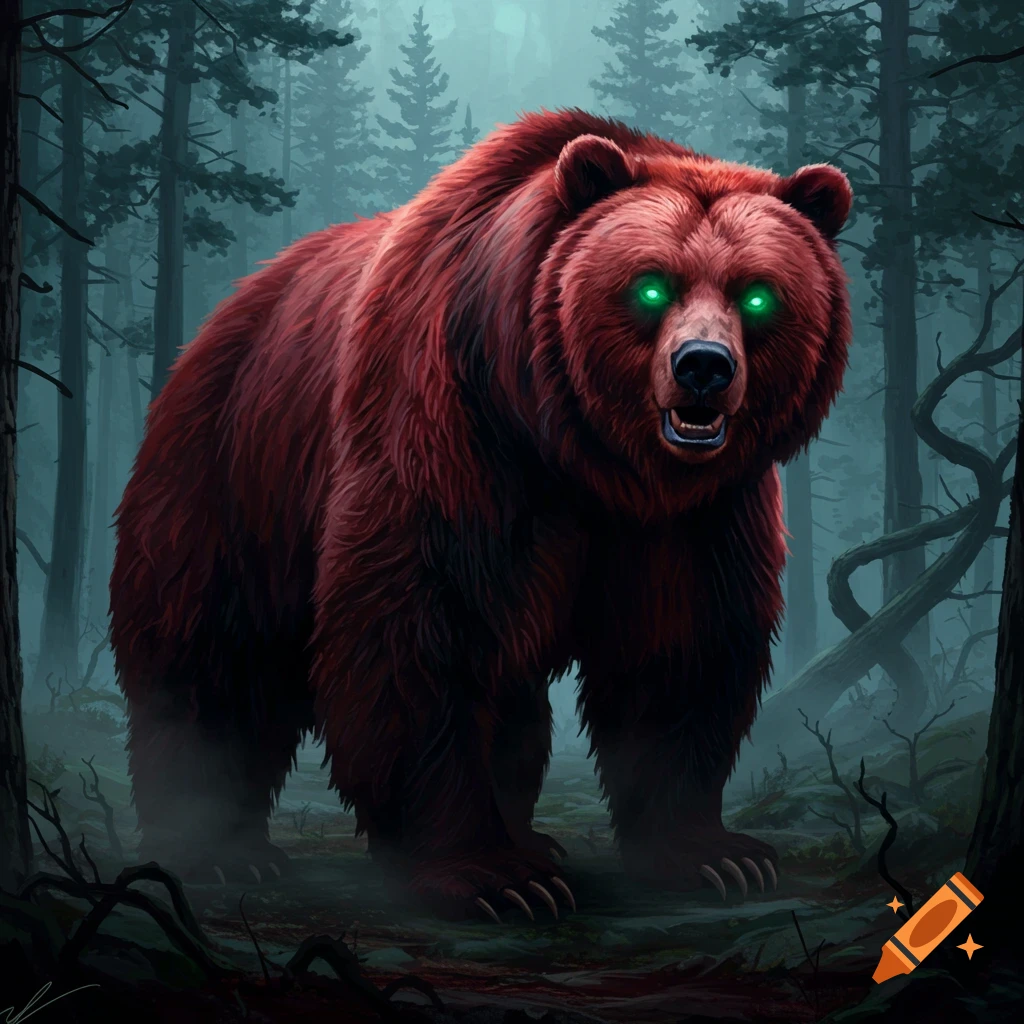 A large red bear with glowing green eyes stands in a dark, misty forest ...