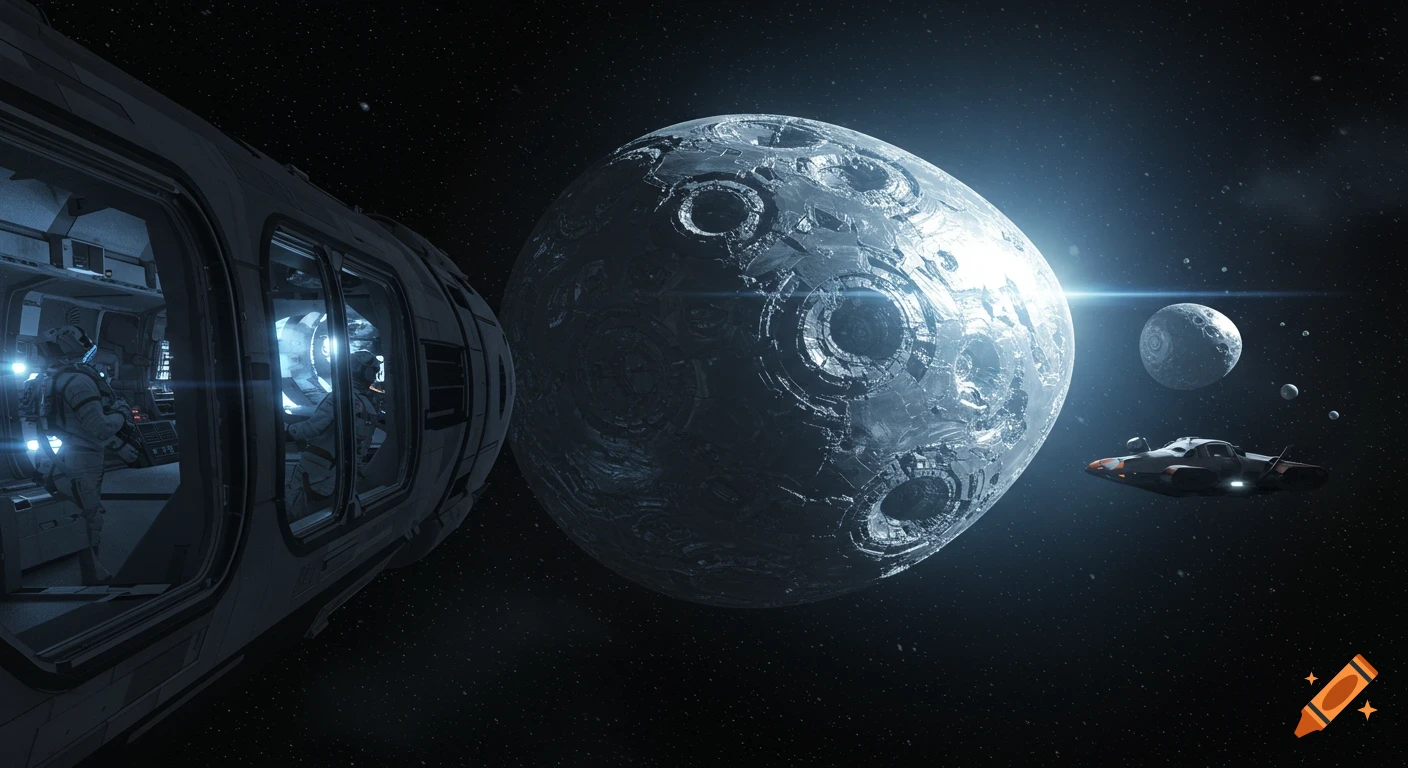 A sleek blue futuristic car and a sci-fi ball float in space above an ...