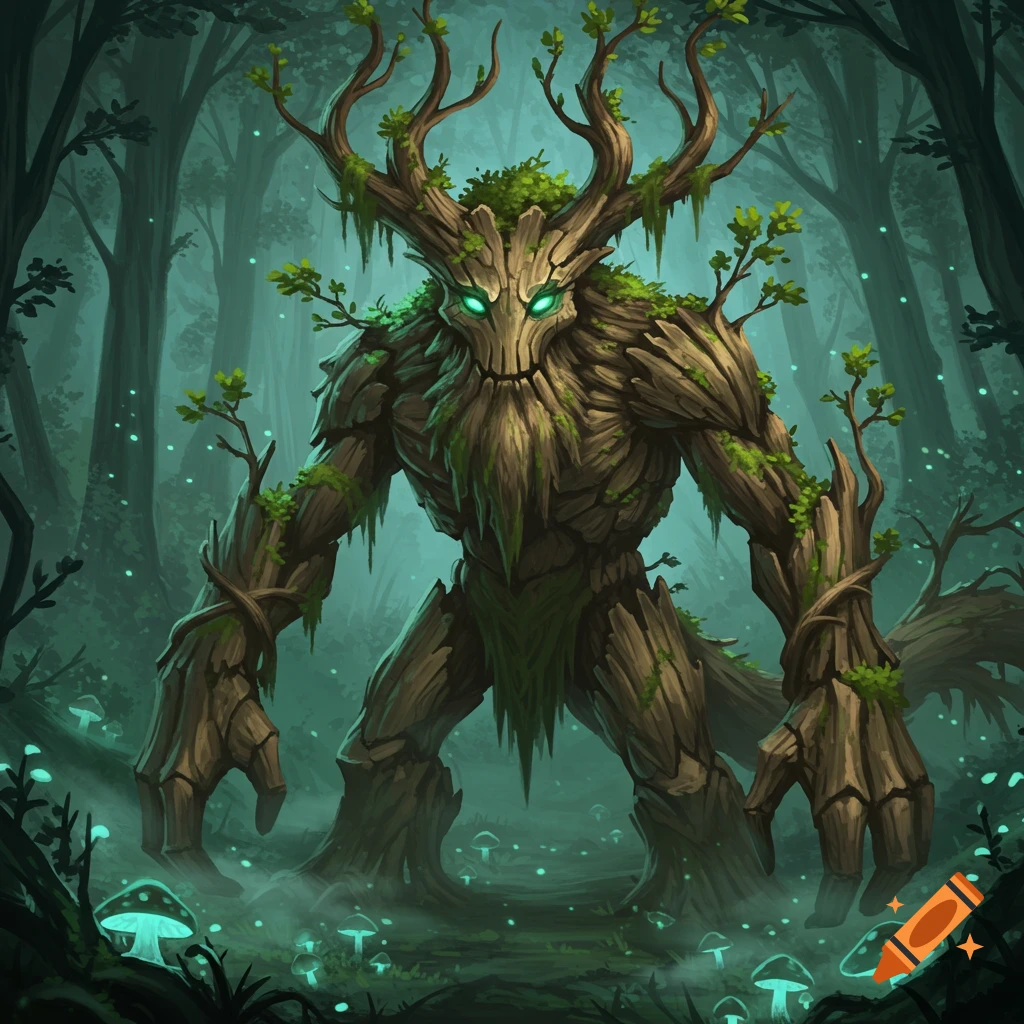 A towering, moss-covered tree creature with glowing green eyes in a dark fantasy forest with ...