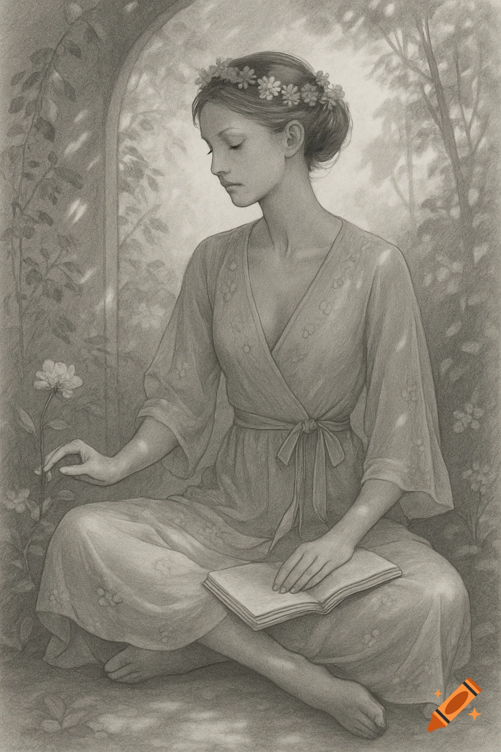 Grayscale pencil drawing of a serene woman in a flowing robe, seated ...
