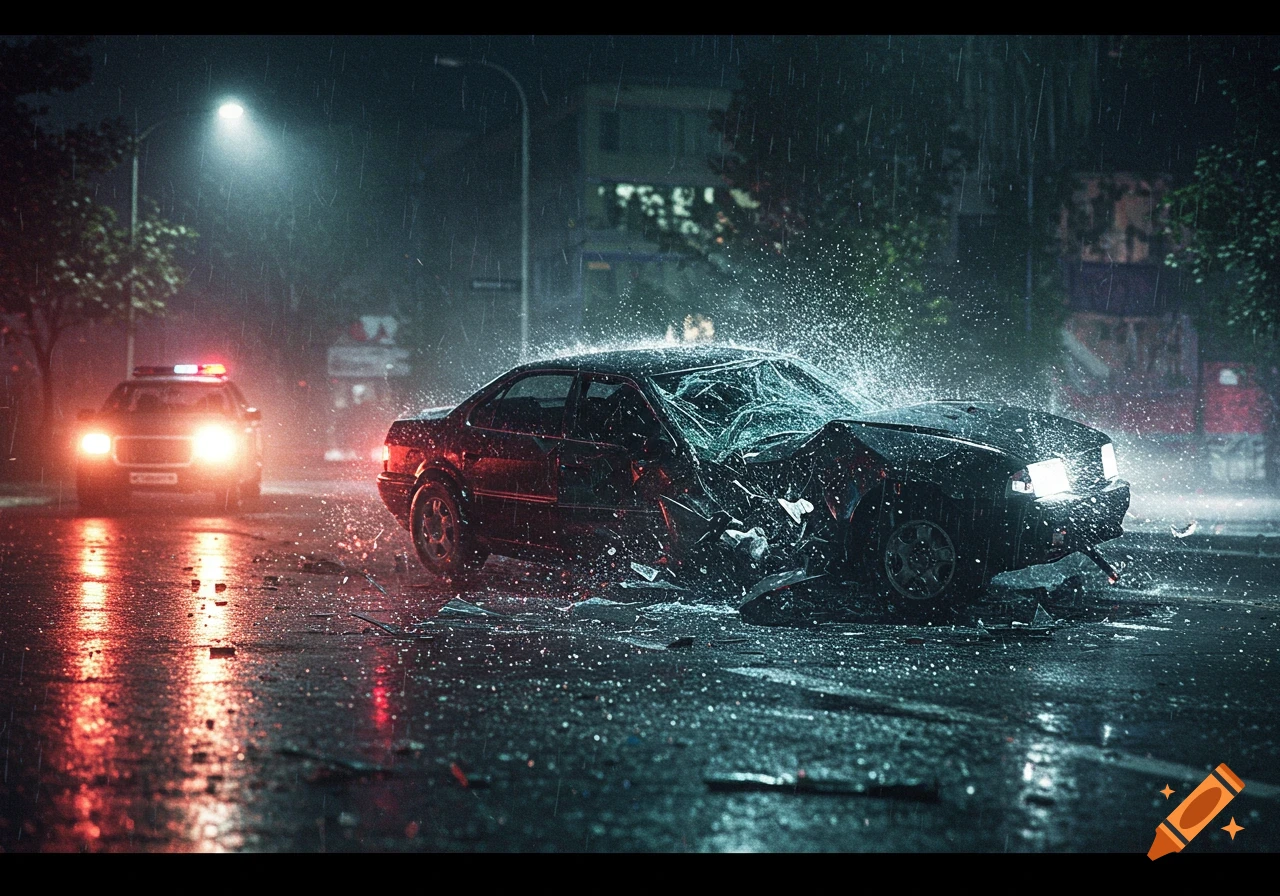 A crashed car with a smashed windshield and smoke sits on a wet, debris ...