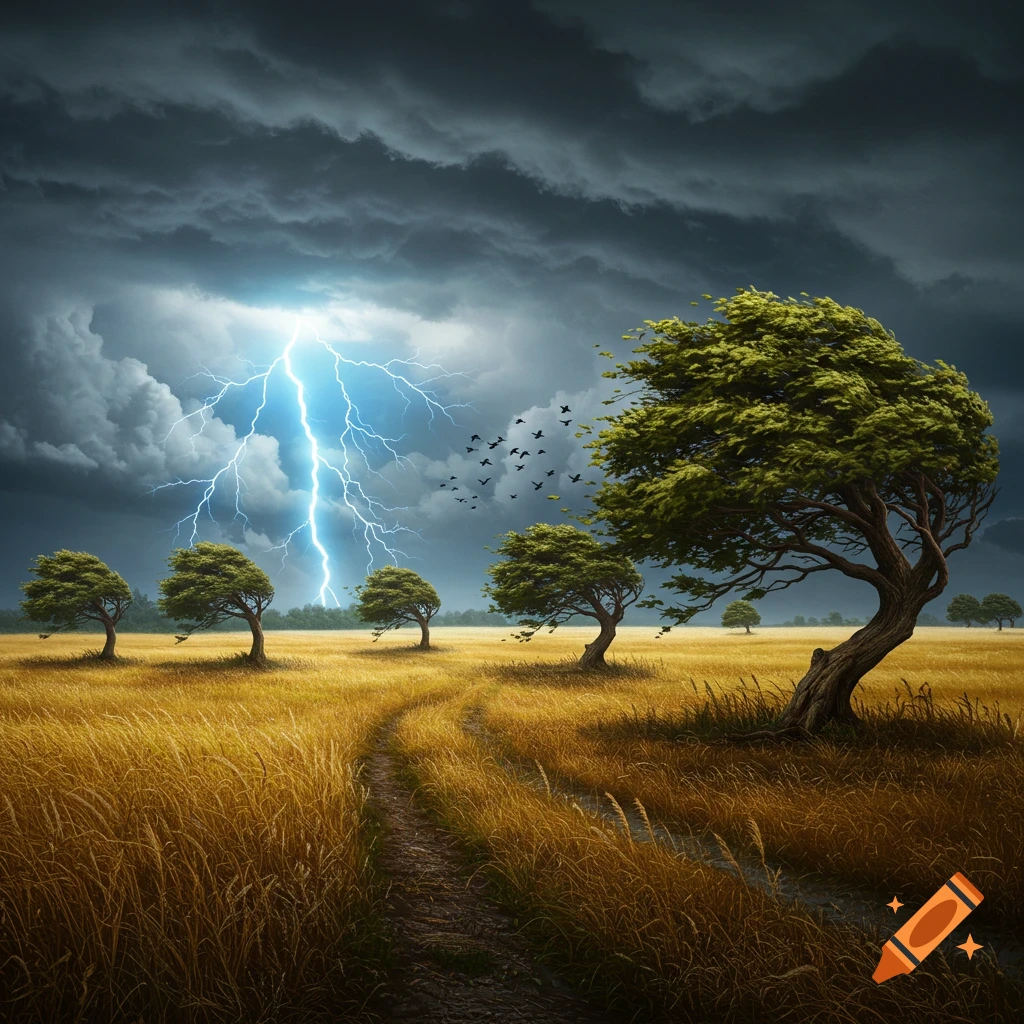 Dramatic stormy landscape: dirt path through golden fields, wind-blown ...