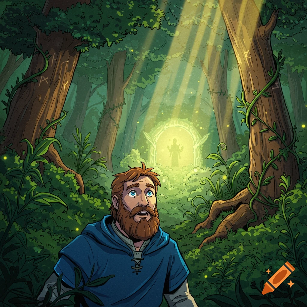 A man with a red beard and blue hooded shirt looks up in awe at a ...