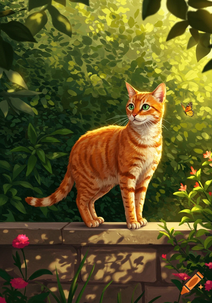 An illustrated orange tabby cat with green eyes stands on a stone wall ...