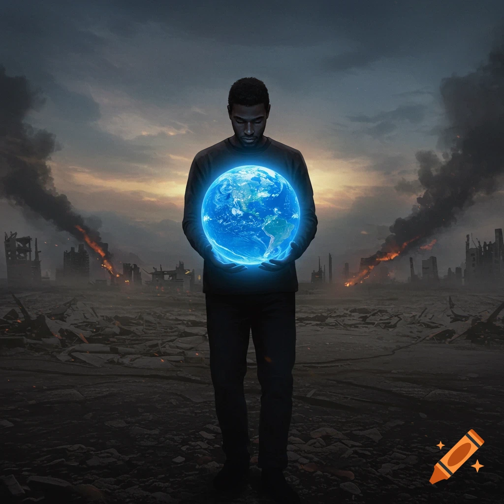 A giant, muscular, skinless figure stands in a ruined city under a ...