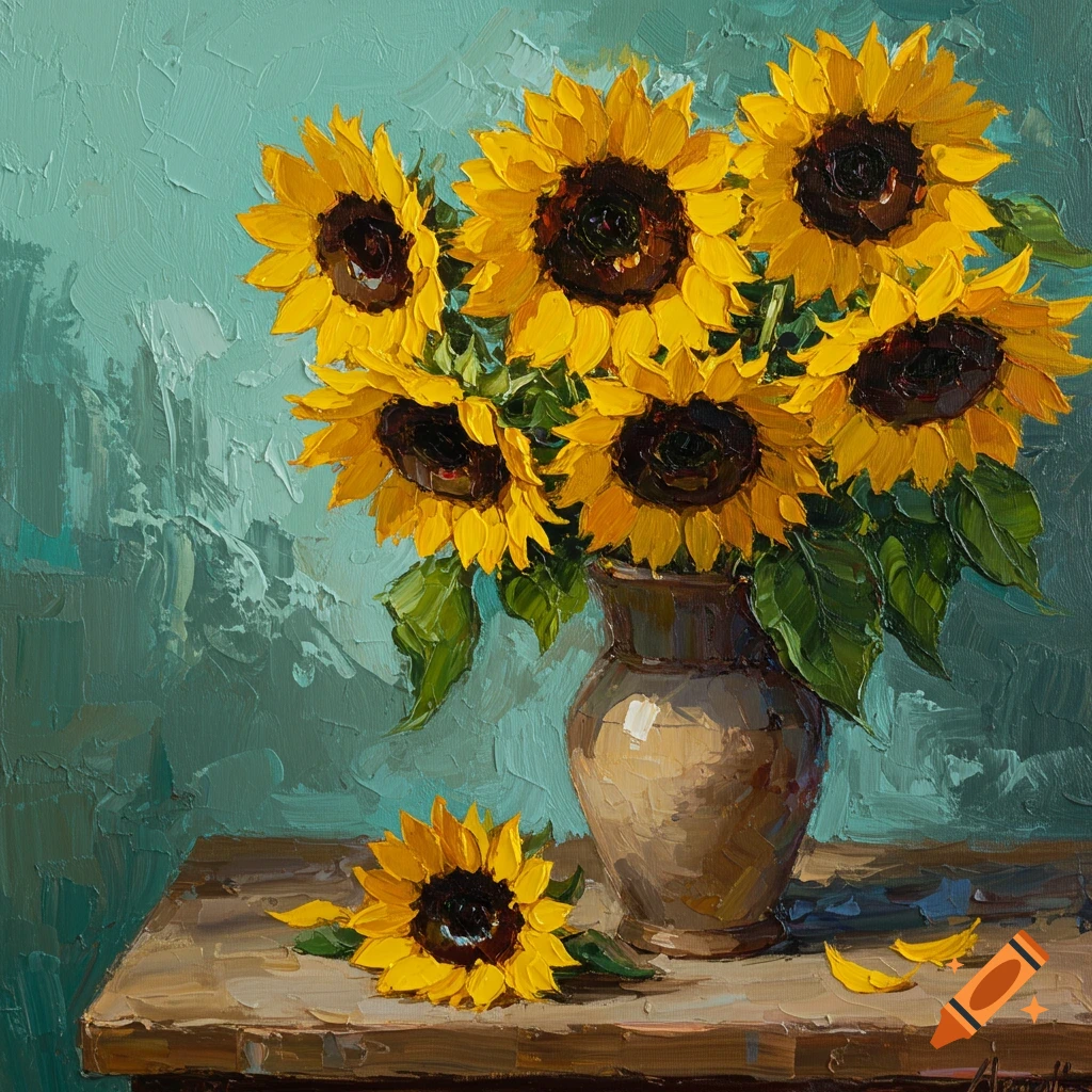 Impressionistic oil painting of sunflowers in a vase on a wooden table ...