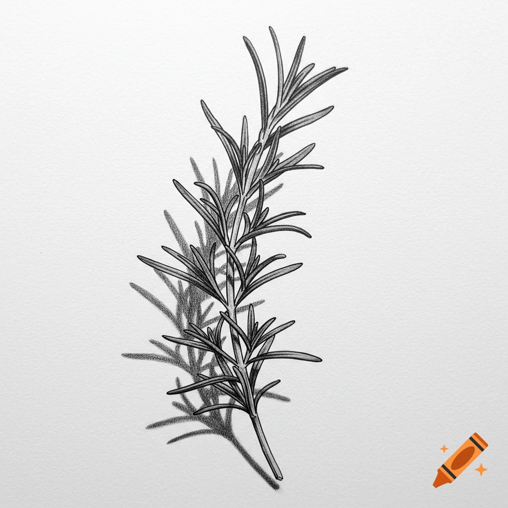 Black and white pencil drawing of a rosemary sprig with subtle shading ...