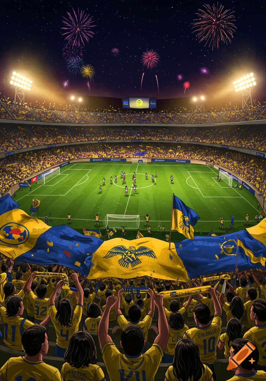 Anime-style stadium crowd cheering and waving colorful banners under ...