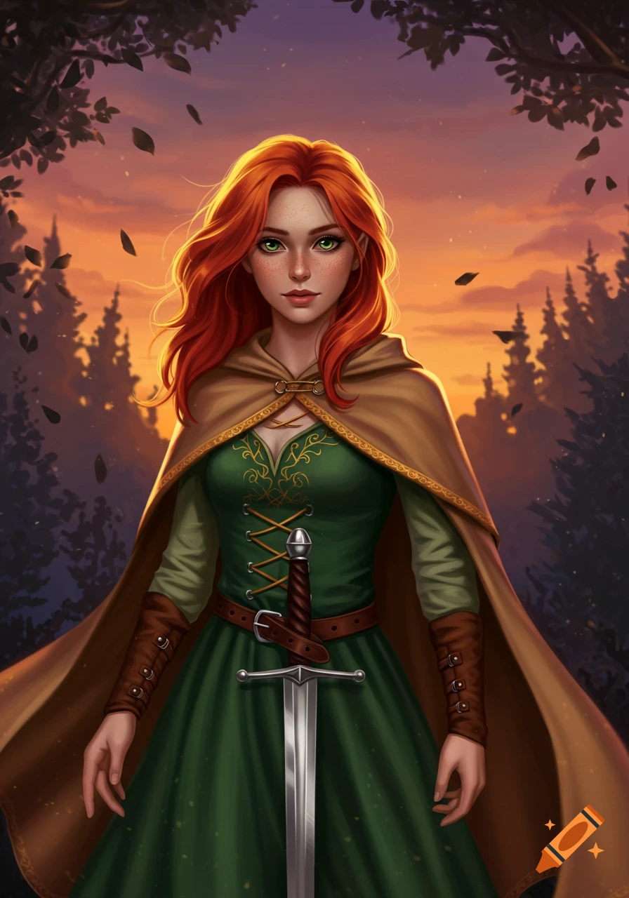 Red-haired fantasy woman in green dress and tan cloak, holding a sword ...