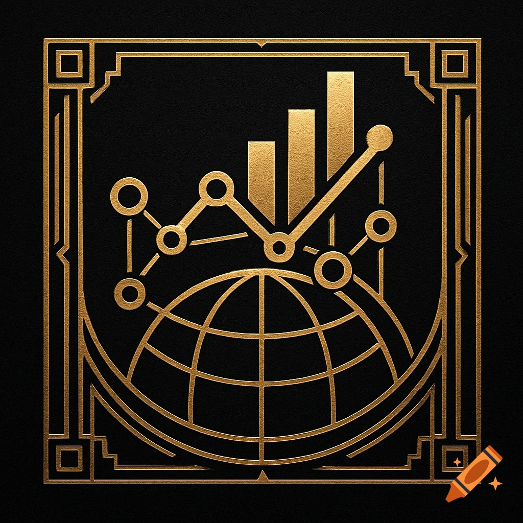 Gold Art Deco logo featuring a globe, bar chart, and line graph on a ...